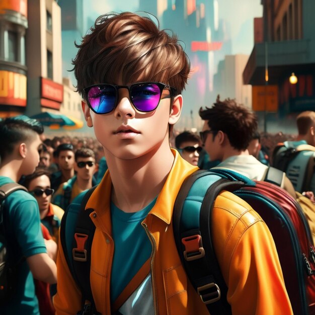 Premium Ai Image A Young Man With Glasses And A Backpack On A City