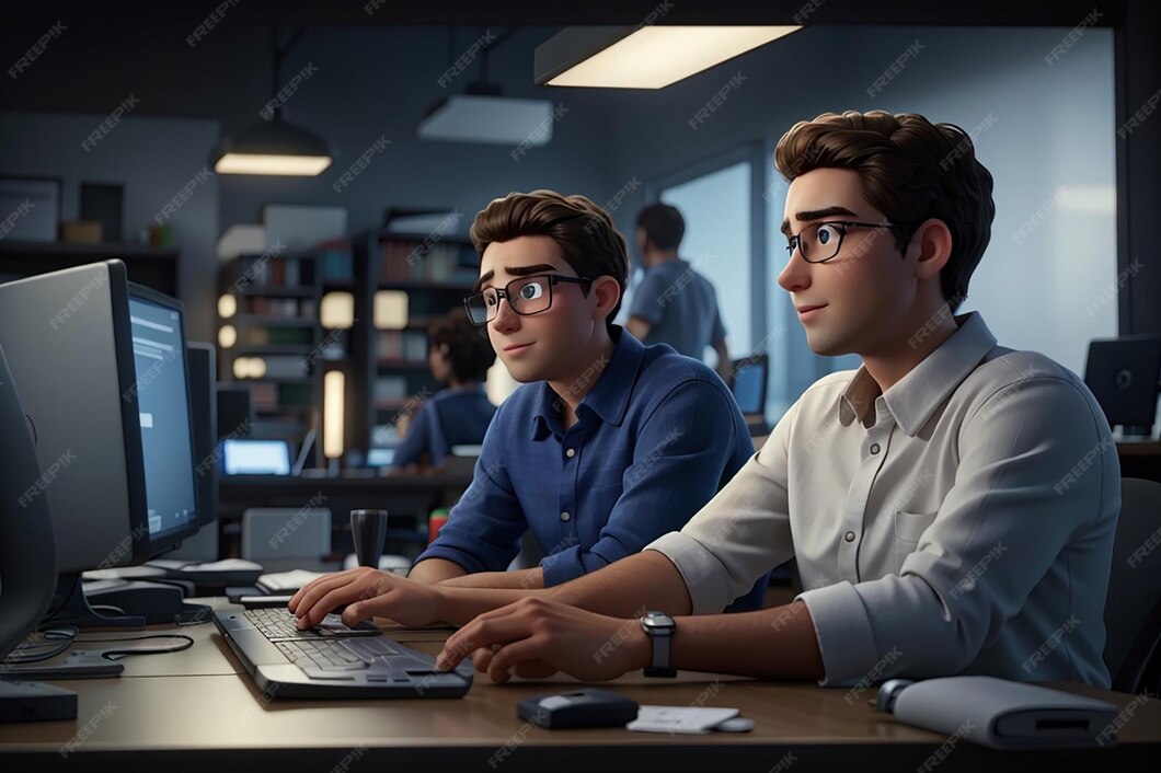 Premium Photo | Young programmer at computer and boss chief talking in ...