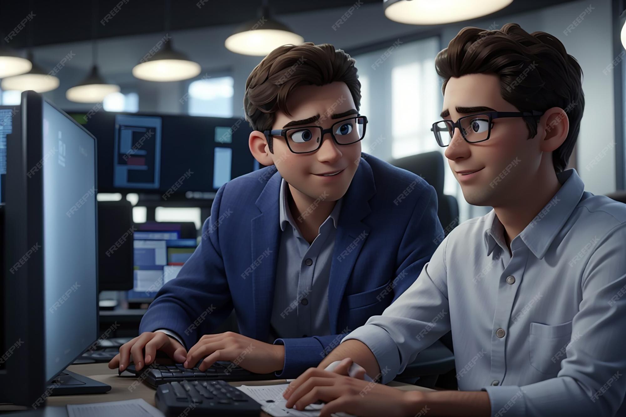 Premium Photo | Young programmer at computer and boss chief talking in office colleagues ...