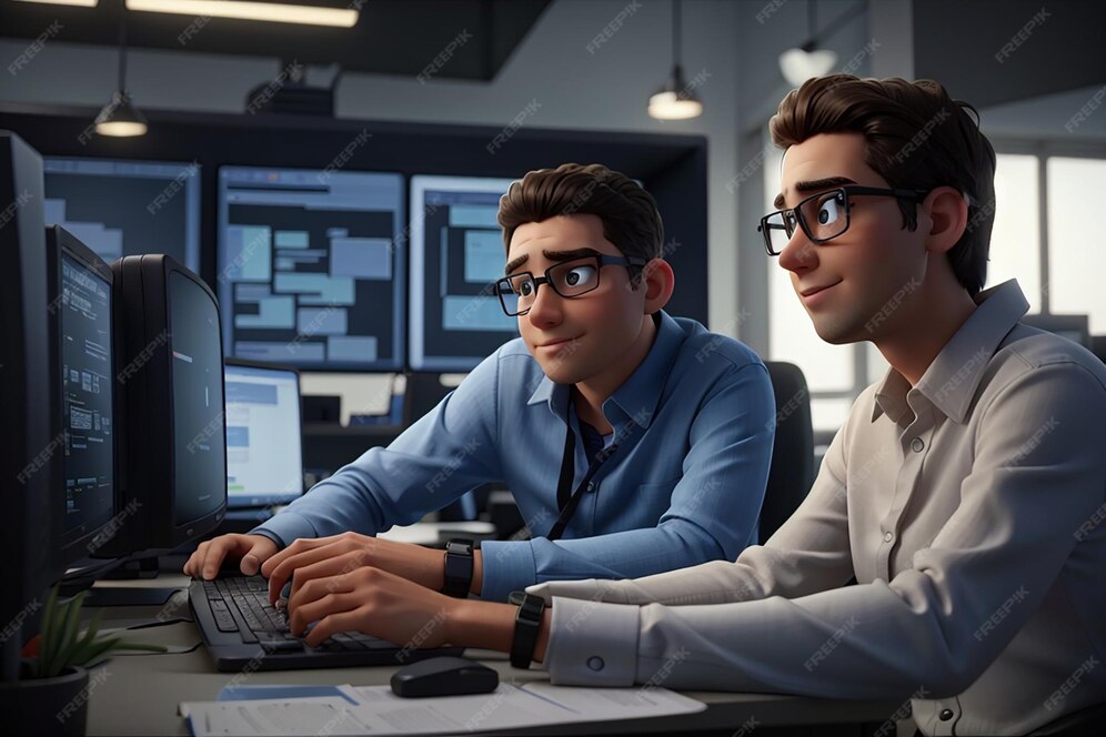 Premium Photo | Young programmer at computer and boss chief talking in ...