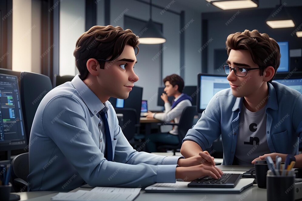 Premium AI Image | Young programmer at computer and boss chief talking ...