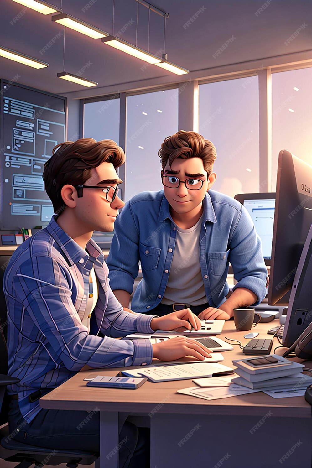 Premium AI Image | Young programmer at computer and boss chief talking in office colleagues ...