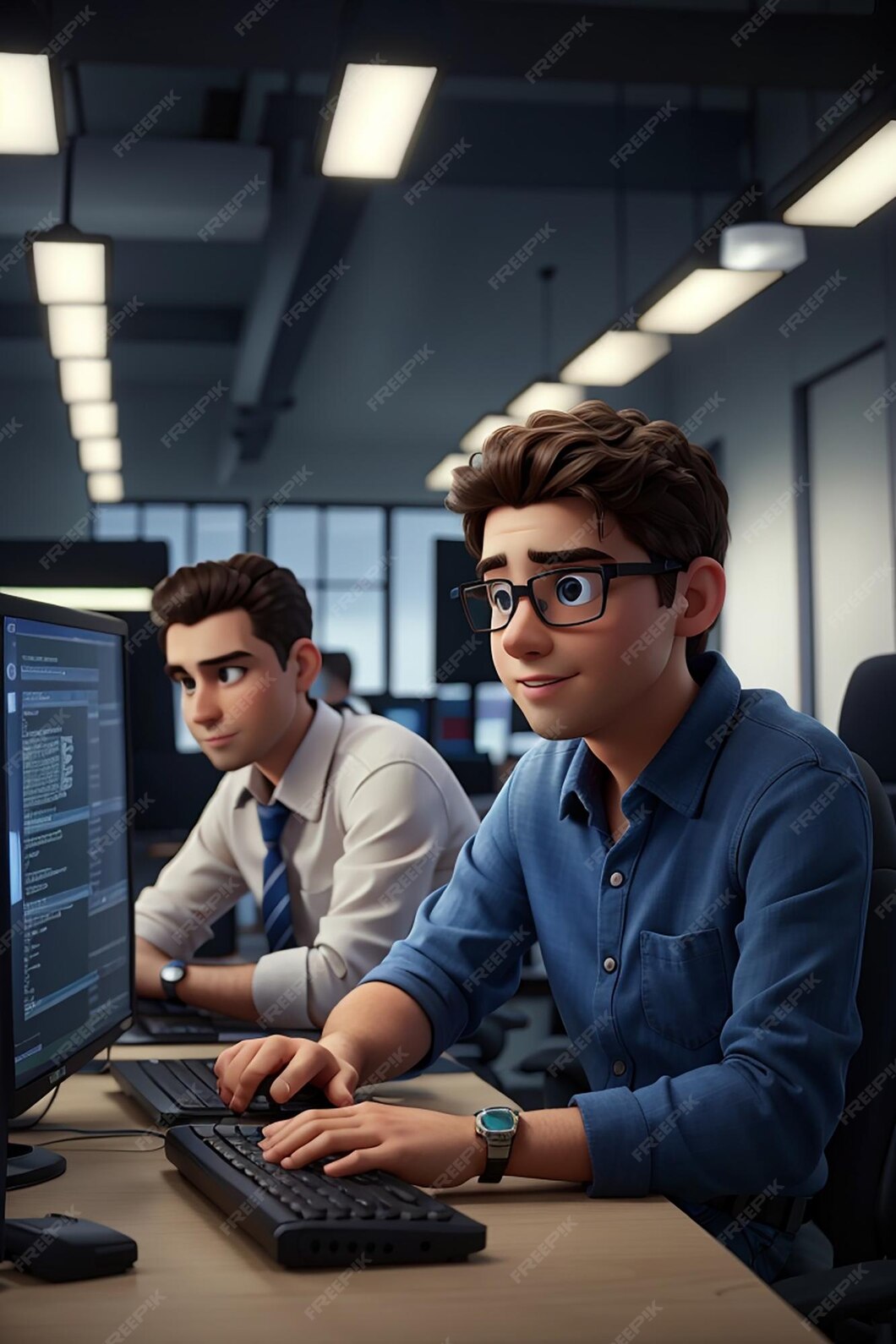 Premium Photo | Young programmer at computer and boss chief talking in ...