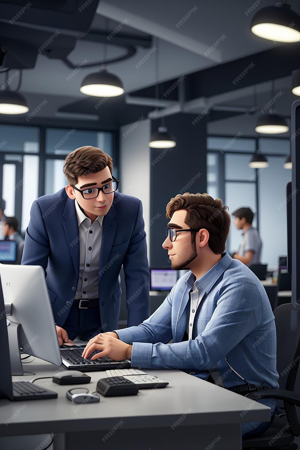 Premium Photo | Young programmer at computer and boss chief talking in ...