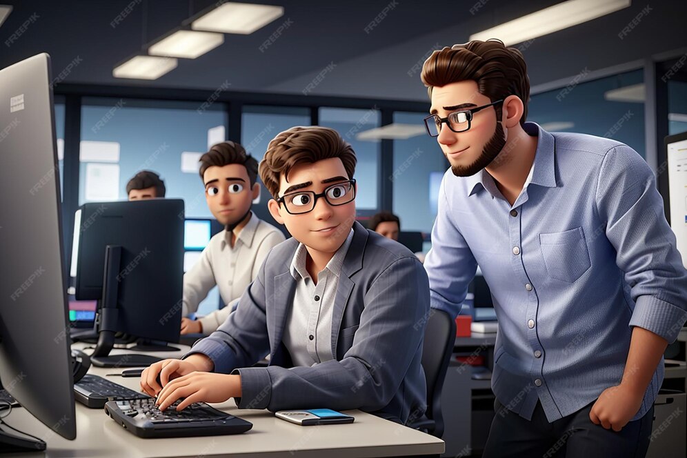 Premium Photo | Young programmer at computer and boss chief talking in ...