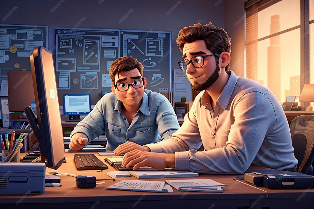 Young programmer at computer and boss chief talking in office ...