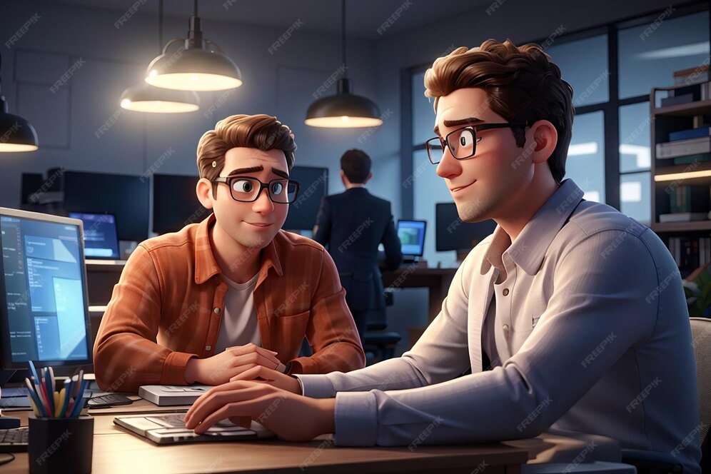 Premium Photo | Young programmer at computer and boss chief talking in ...