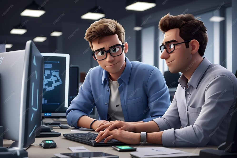 Premium AI Image | Young programmer at computer and boss chief talking ...