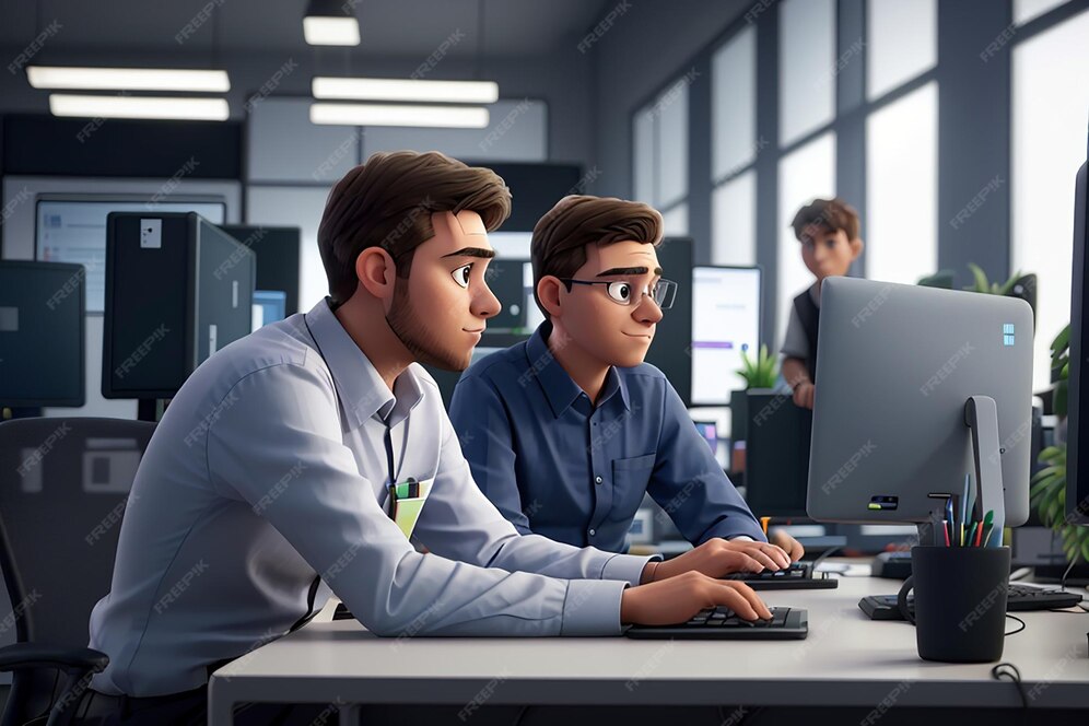 Premium Photo | Young programmer at computer and boss chief talking in ...