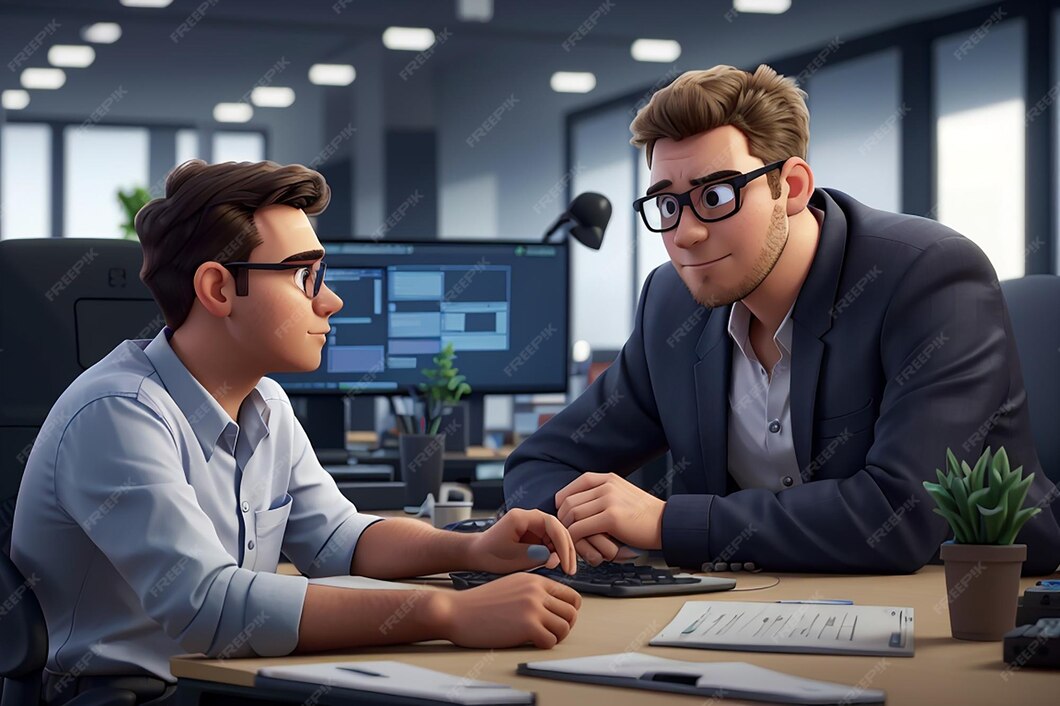 Premium Photo | Young programmer at computer and boss chief talking in ...