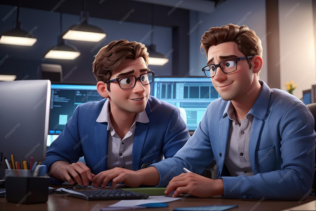 Premium Photo | Young programmer at computer and boss chief talking in ...