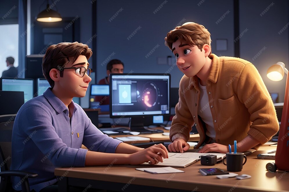 Premium Photo | Young programmer at computer and boss chief talking in ...