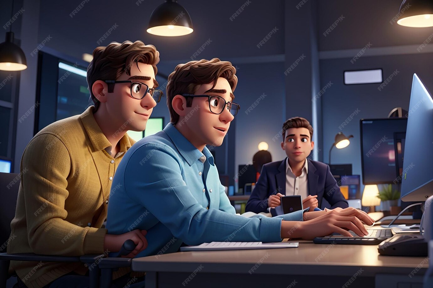 Premium AI Image | Young programmer at computer and boss chief talking ...