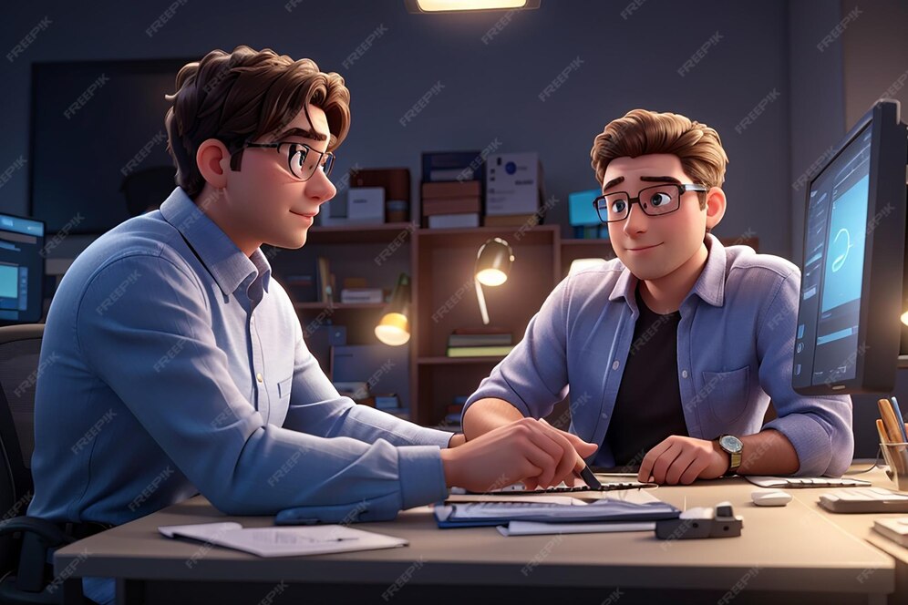 Premium AI Image | Young programmer at computer and boss chief talking ...