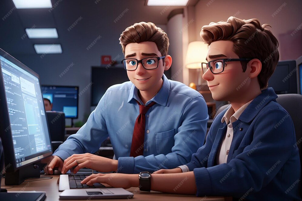 Premium Photo | Young programmer at computer and boss chief talking in ...