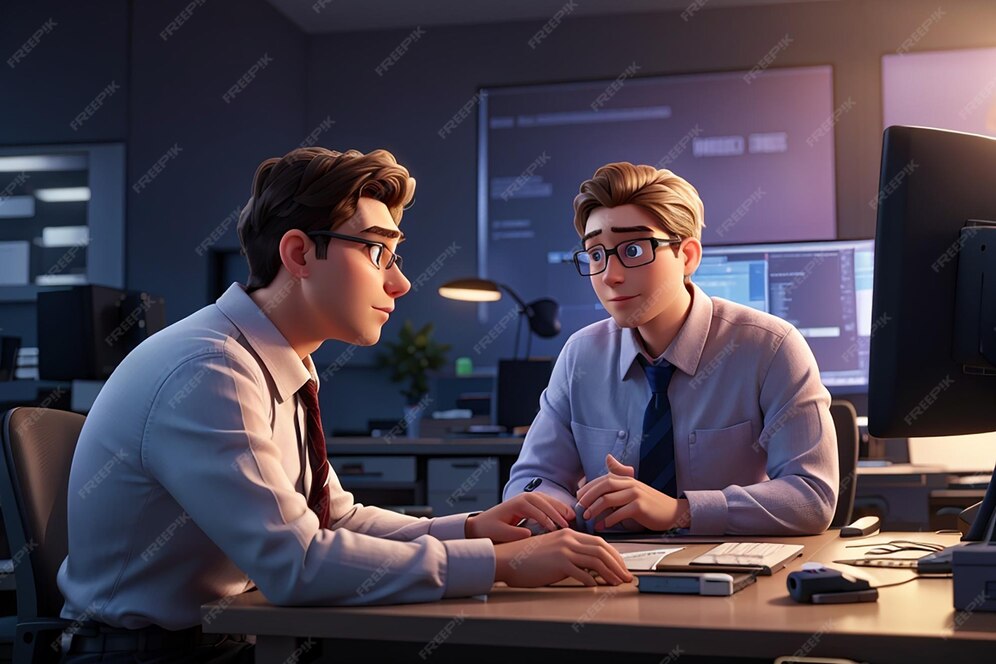 Premium Photo | Young programmer at computer and boss chief talking in ...