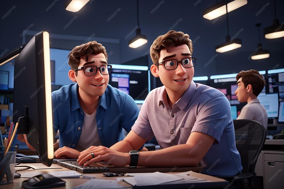 Premium Photo | Young programmer at computer and boss chief talking in ...