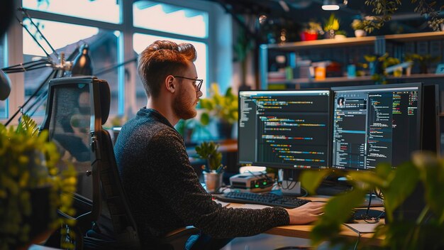 Young programmer is programming at the office programmer at the work ...