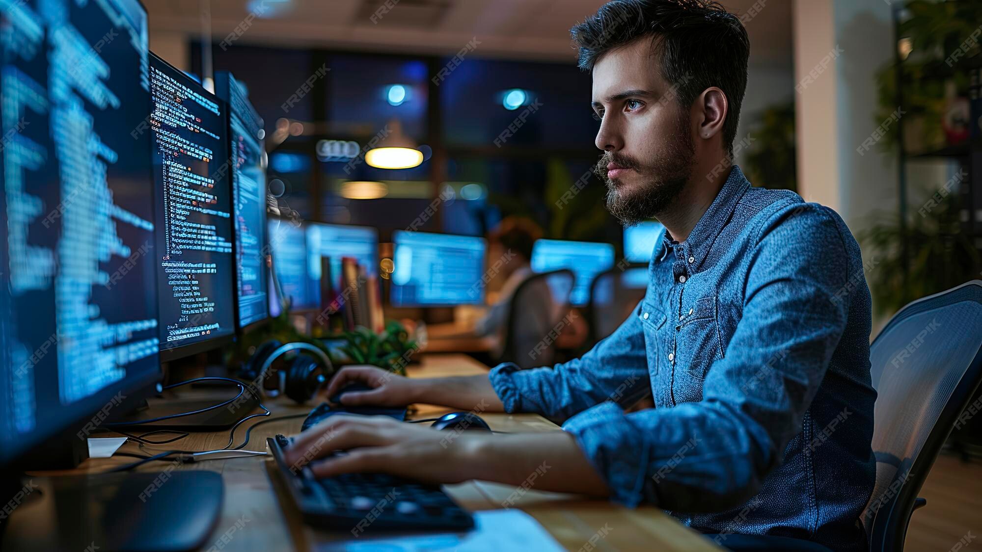 Young programmer is programming at the office programmer at the work ...