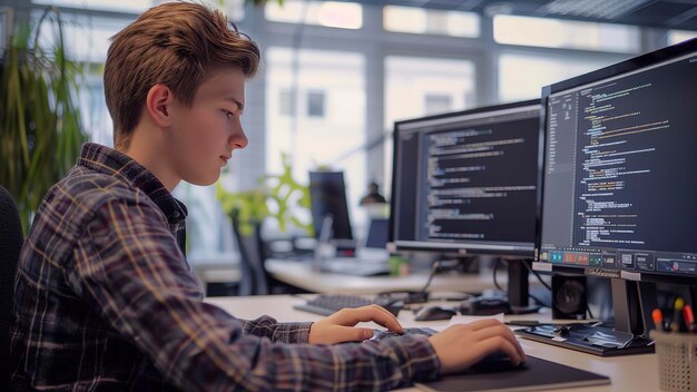 Premium Photo | Young programmer is programming at the office ...