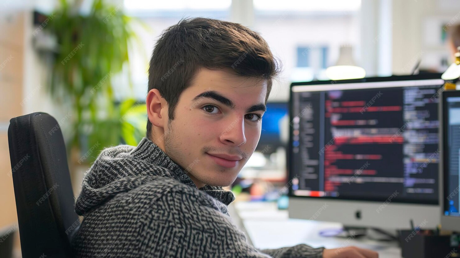 Young programmer is programming at the office programmer at the work programmer is coding ...