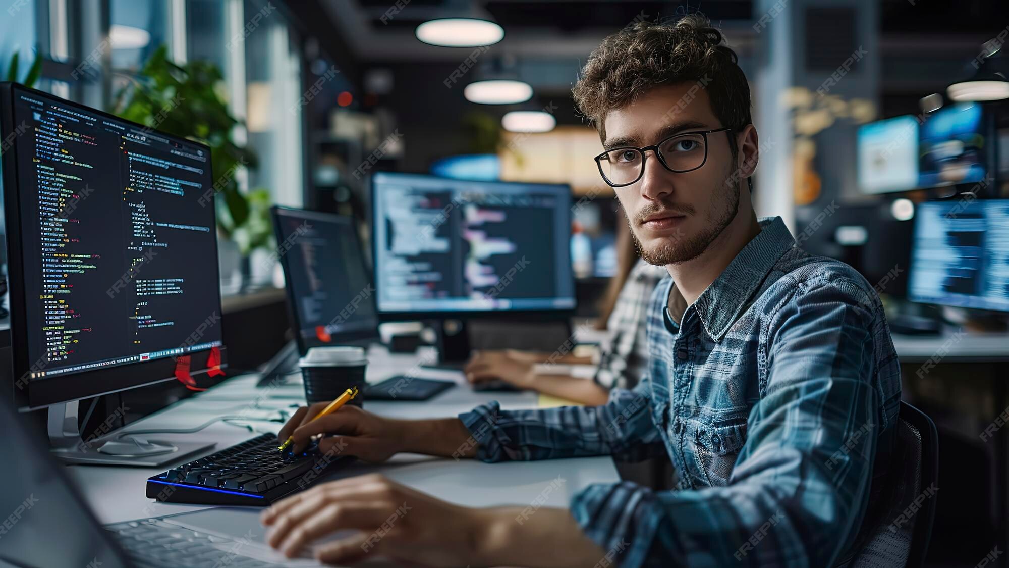 Young programmer is programming at the office programmer at the work programmer is coding ...