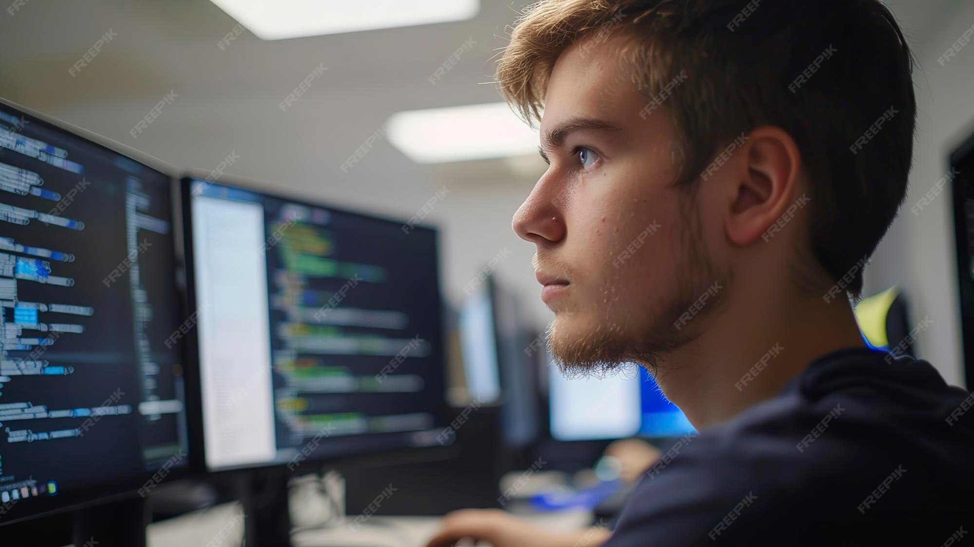 Young programmer is programming at the office programmer at the work programmer is coding ...