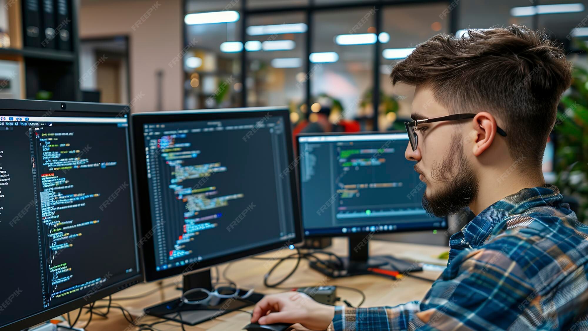 Young programmer is programming at the office programmer at the work programmer is coding ...