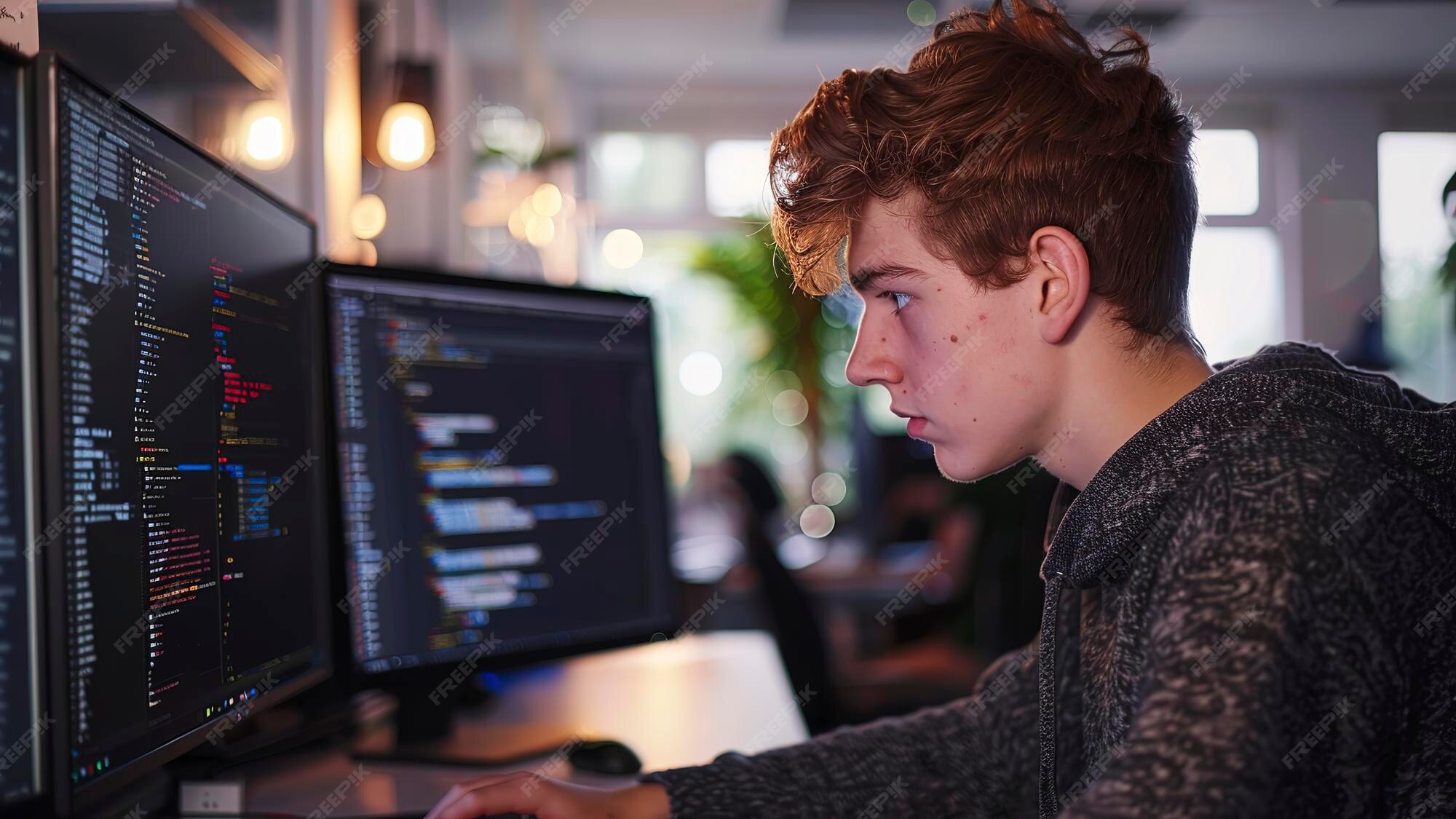 Young programmer is programming at the office programmer at the work programmer is coding ...