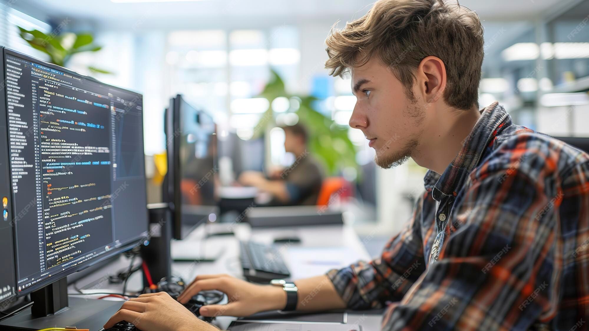 Young programmer is programming at the office programmer at the work programmer is coding ...