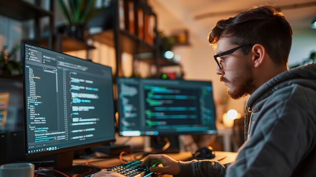 Young programmer is programming at the office programmer at the work programmer is coding ...