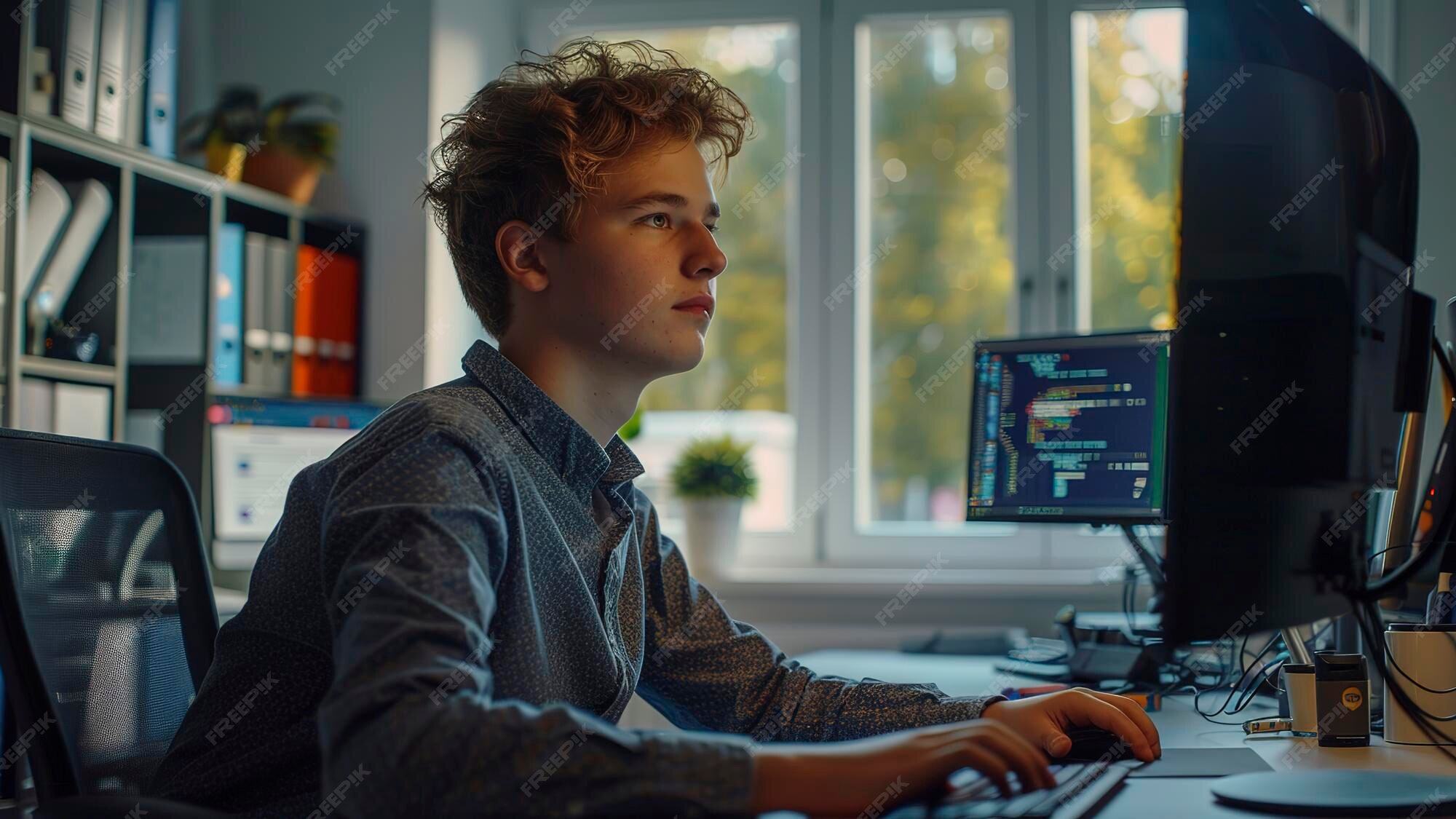 Young programmer is programming at the office programmer at the work programmer is coding ...