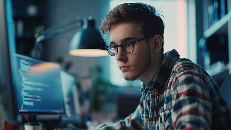 Young programmer is programming at the office programmer at the work programmer is coding ...