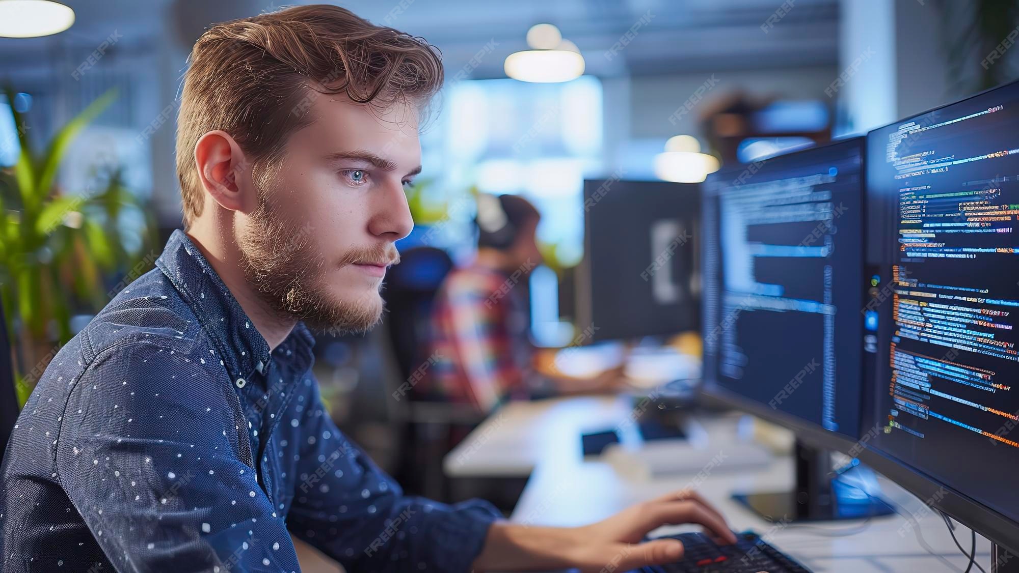 Young programmer is programming at the office programmer at the work programmer is coding ...