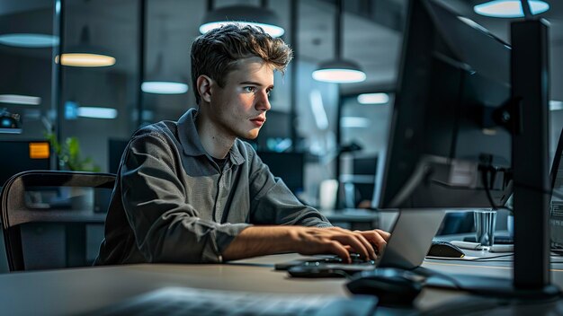 Premium Photo | Young programmer is programming at the office ...