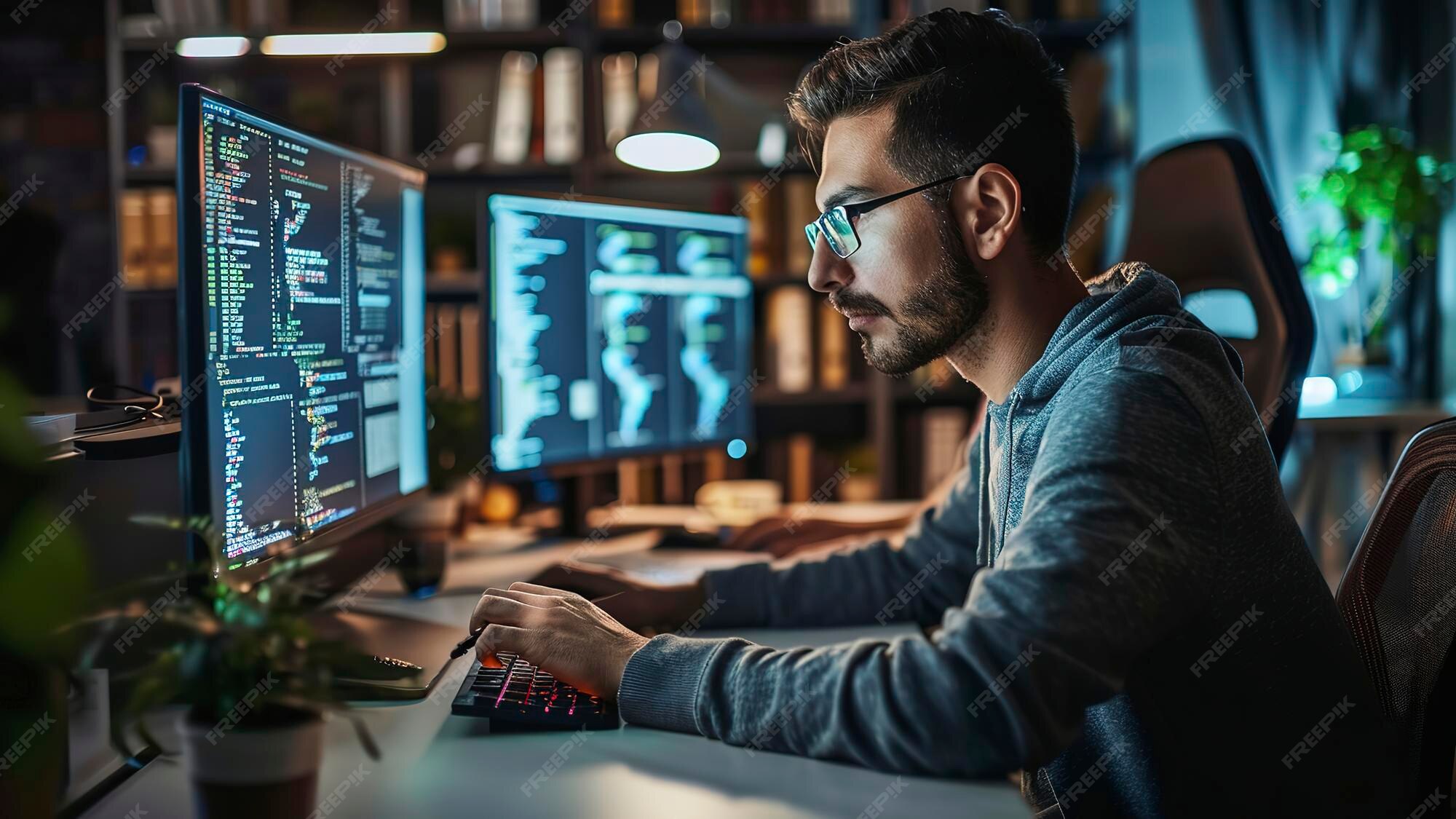 Young programmer is programming at the office programmer at the work programmer is coding ...