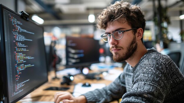 Young programmer is programming at the office programmer at the work ...