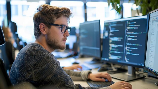 Young programmer is programming at the office programmer at the work ...