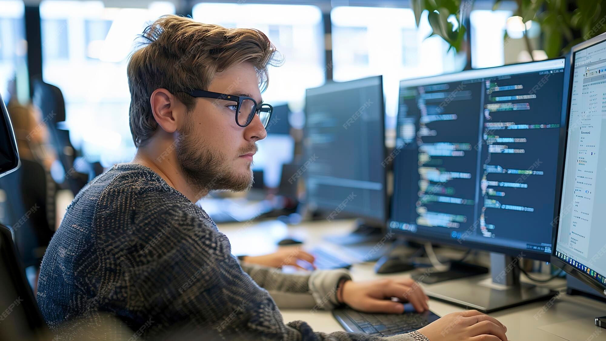 Young programmer is programming at the office programmer at the work programmer is coding ...