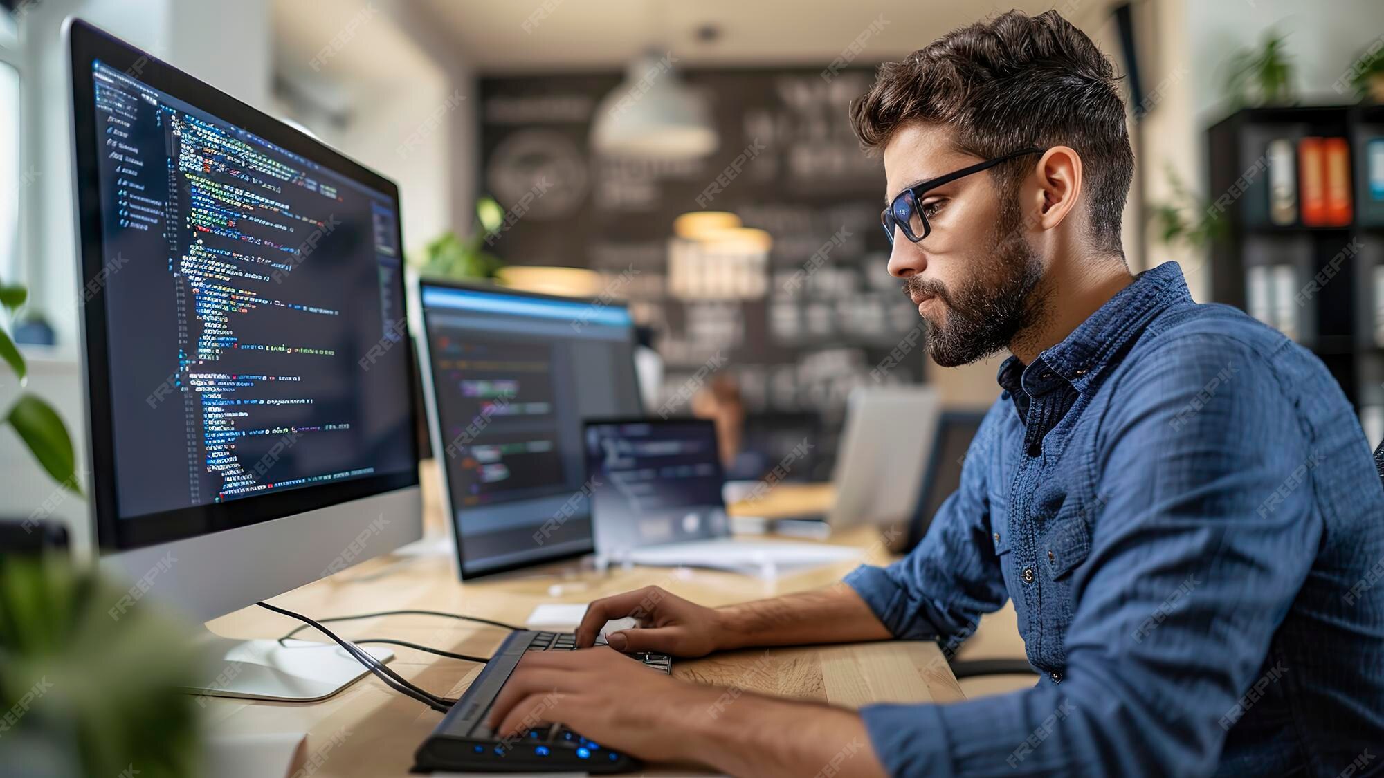 Premium Photo | Young programmer is programming at the office programmer at the work programmer ...