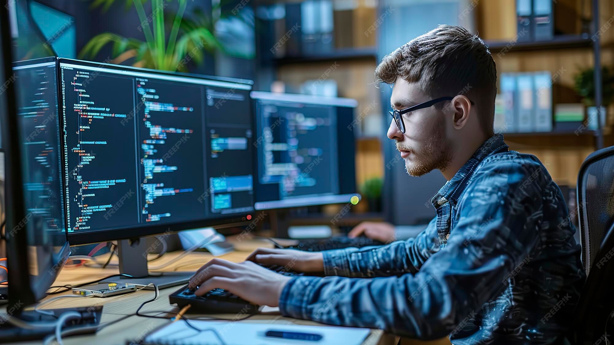 Premium Photo | Young programmer is programming at the office programmer at the work programmer ...