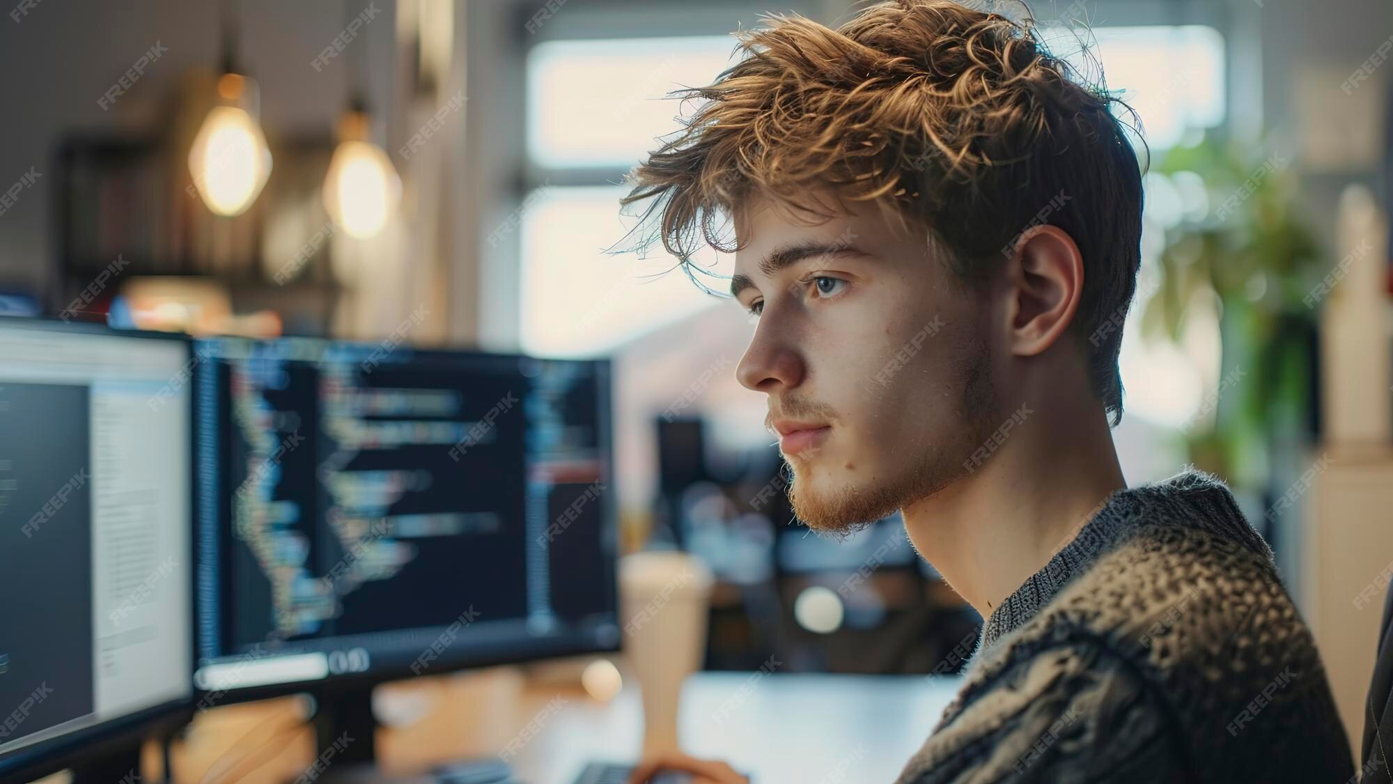 Young programmer is programming at the office programmer at the work programmer is coding ...