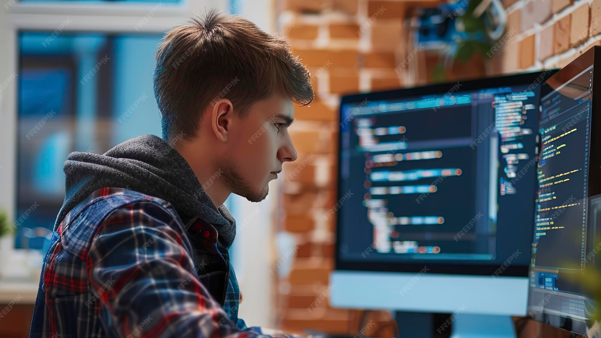 Young programmer is programming at the office programmer at the work programmer is coding ...