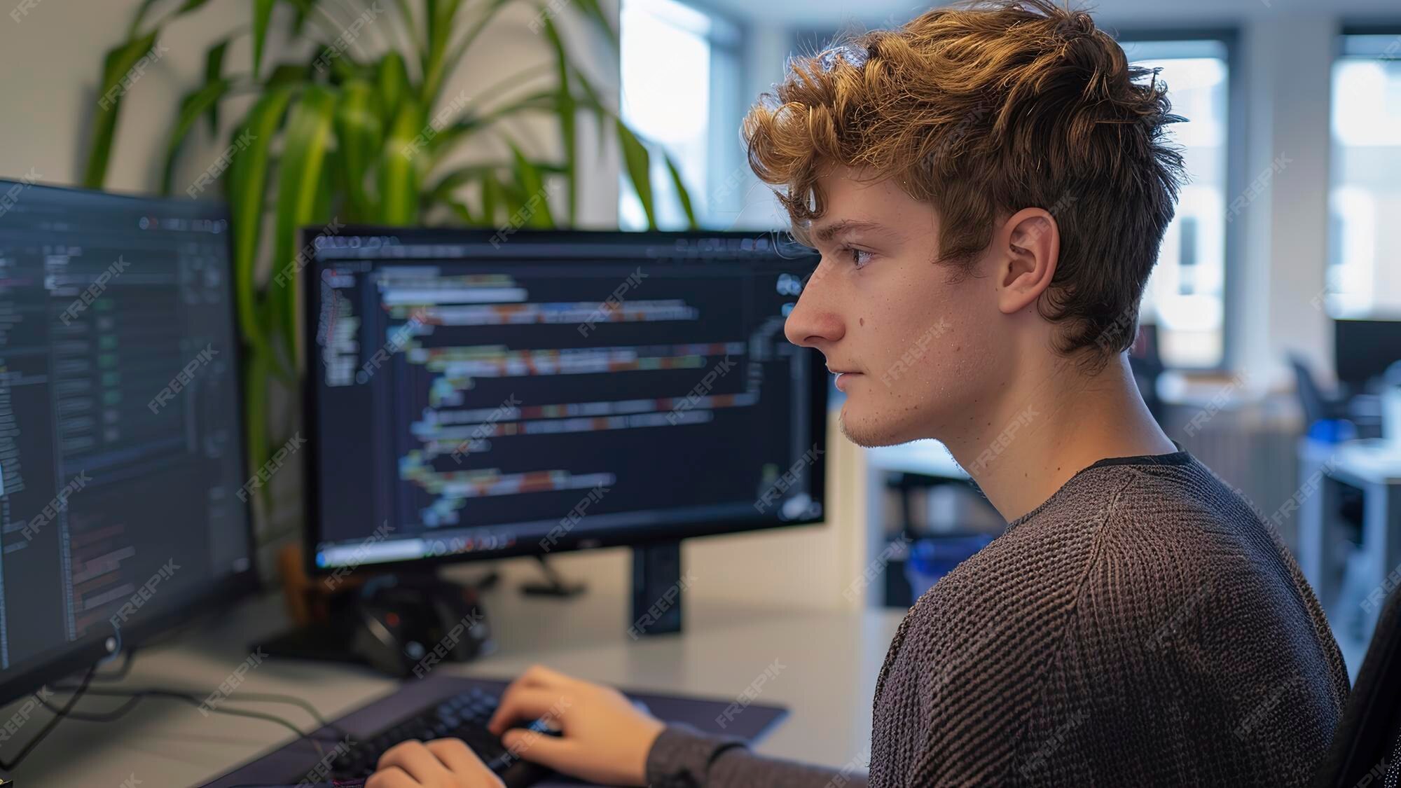Young programmer is programming at the office programmer at the work programmer is coding ...