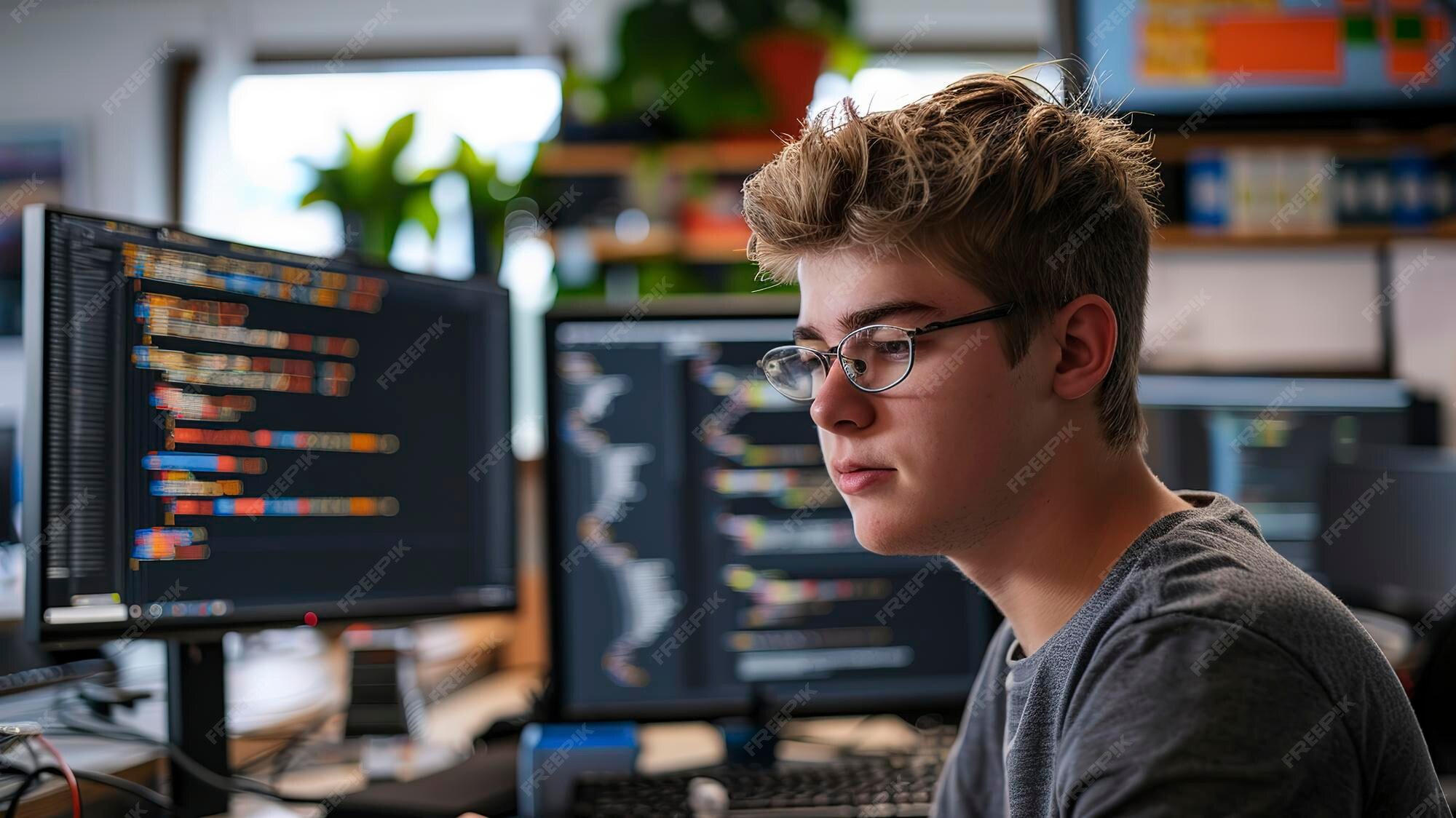 Young programmer is programming at the office programmer at the work programmer is coding ...