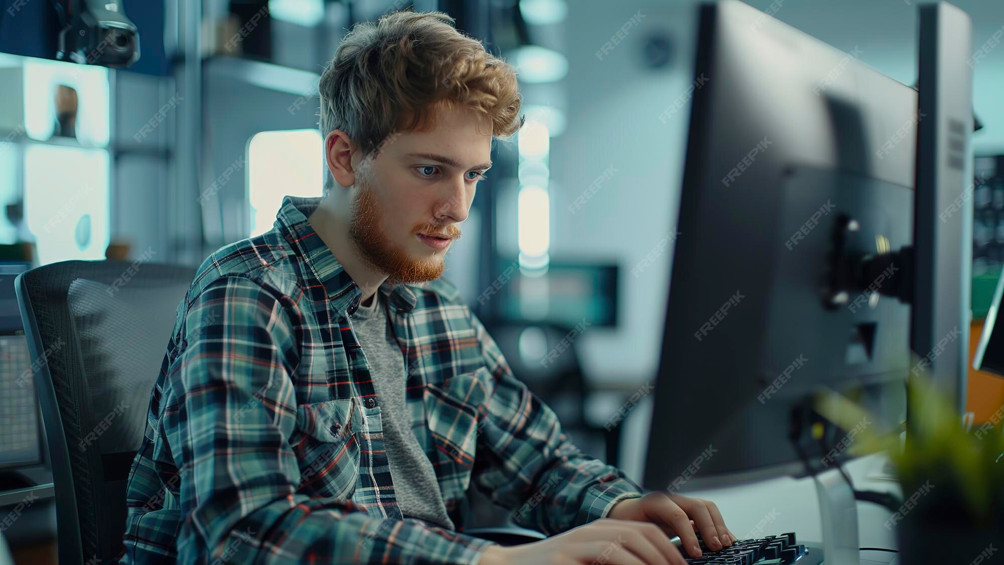 Young programmer is programming at the office programmer at the work programmer is coding ...