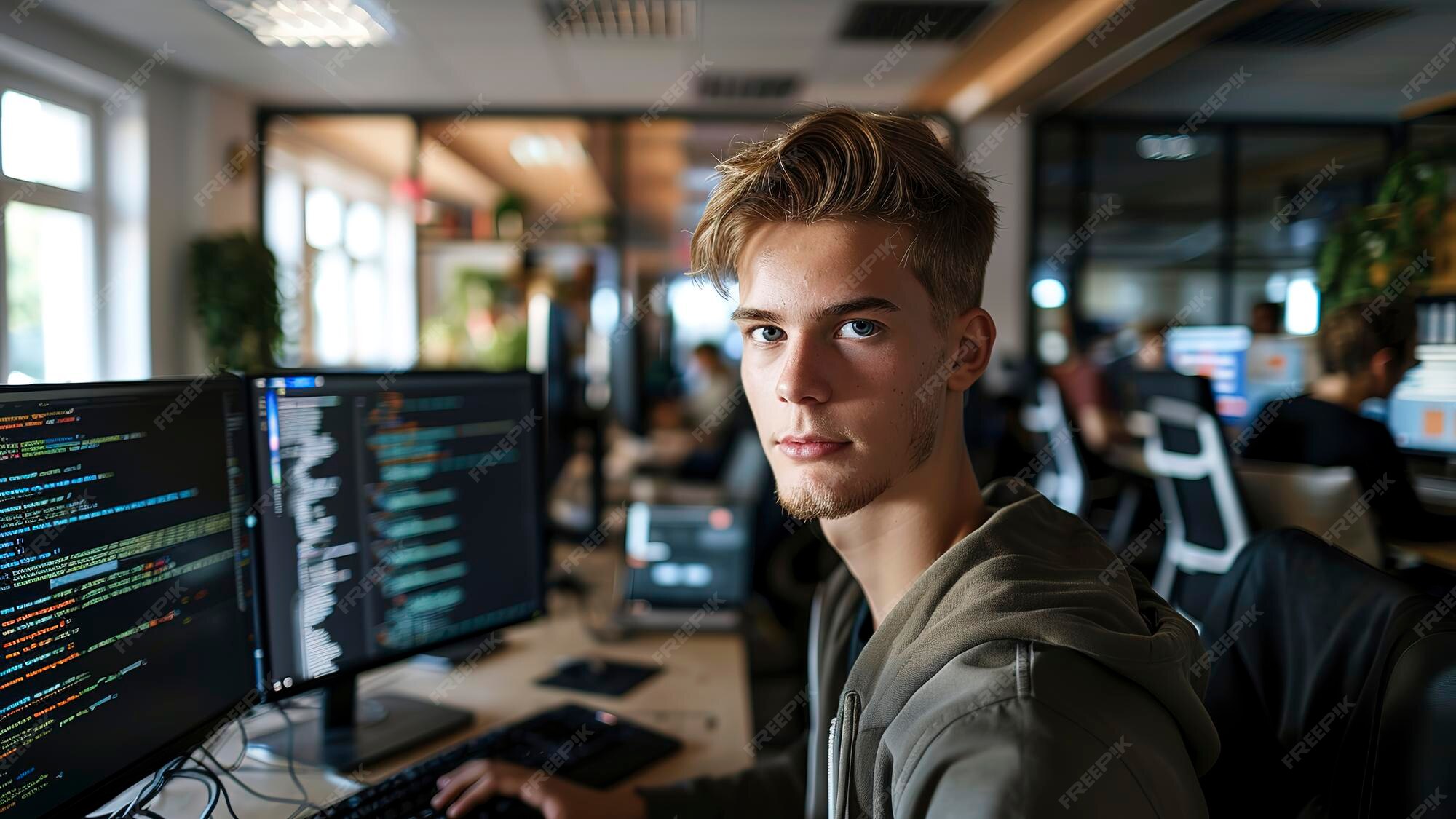 Young programmer is programming at the office programmer at the work programmer is coding ...