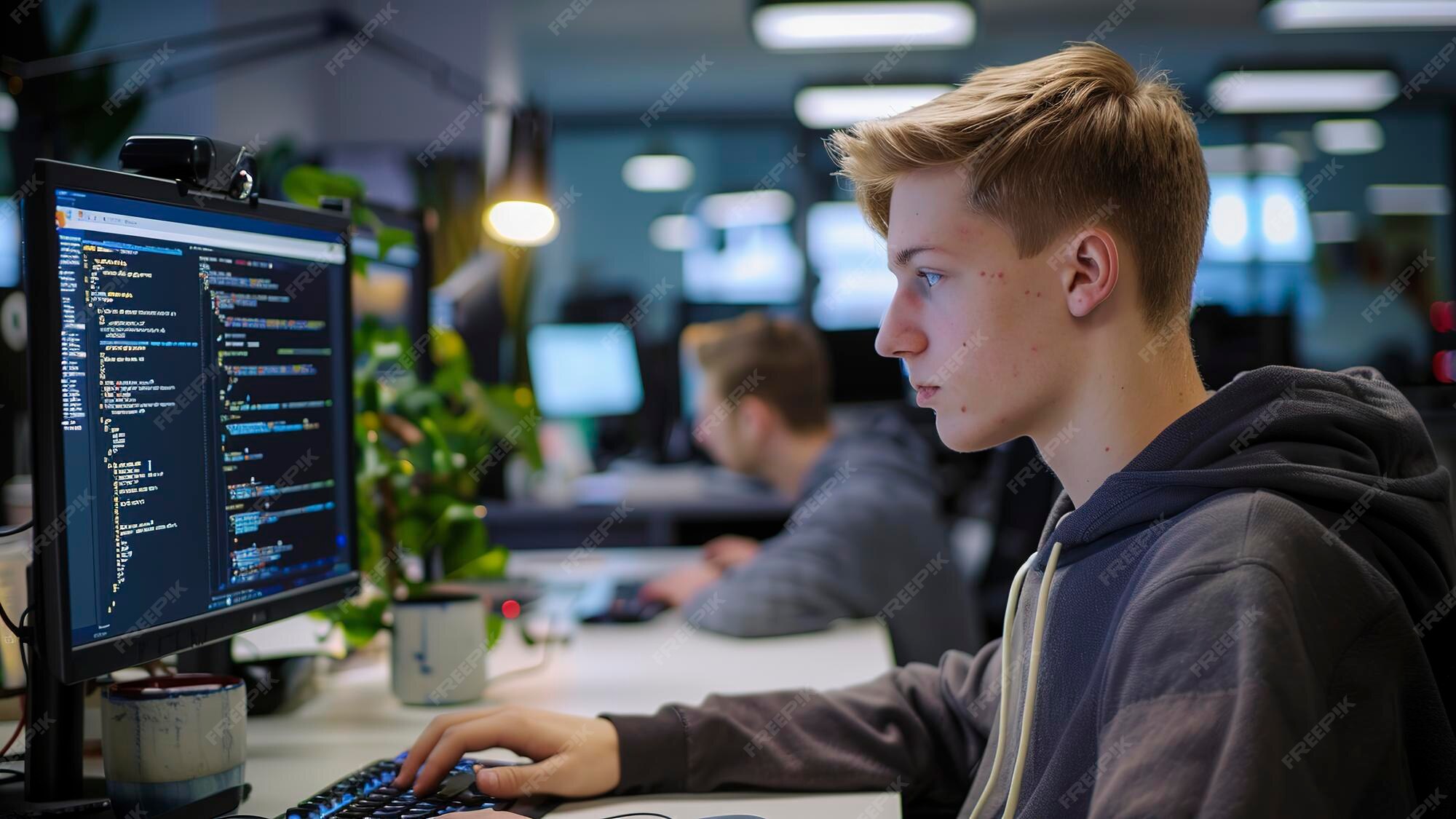 Young programmer is programming at the office programmer at the work programmer is coding ...