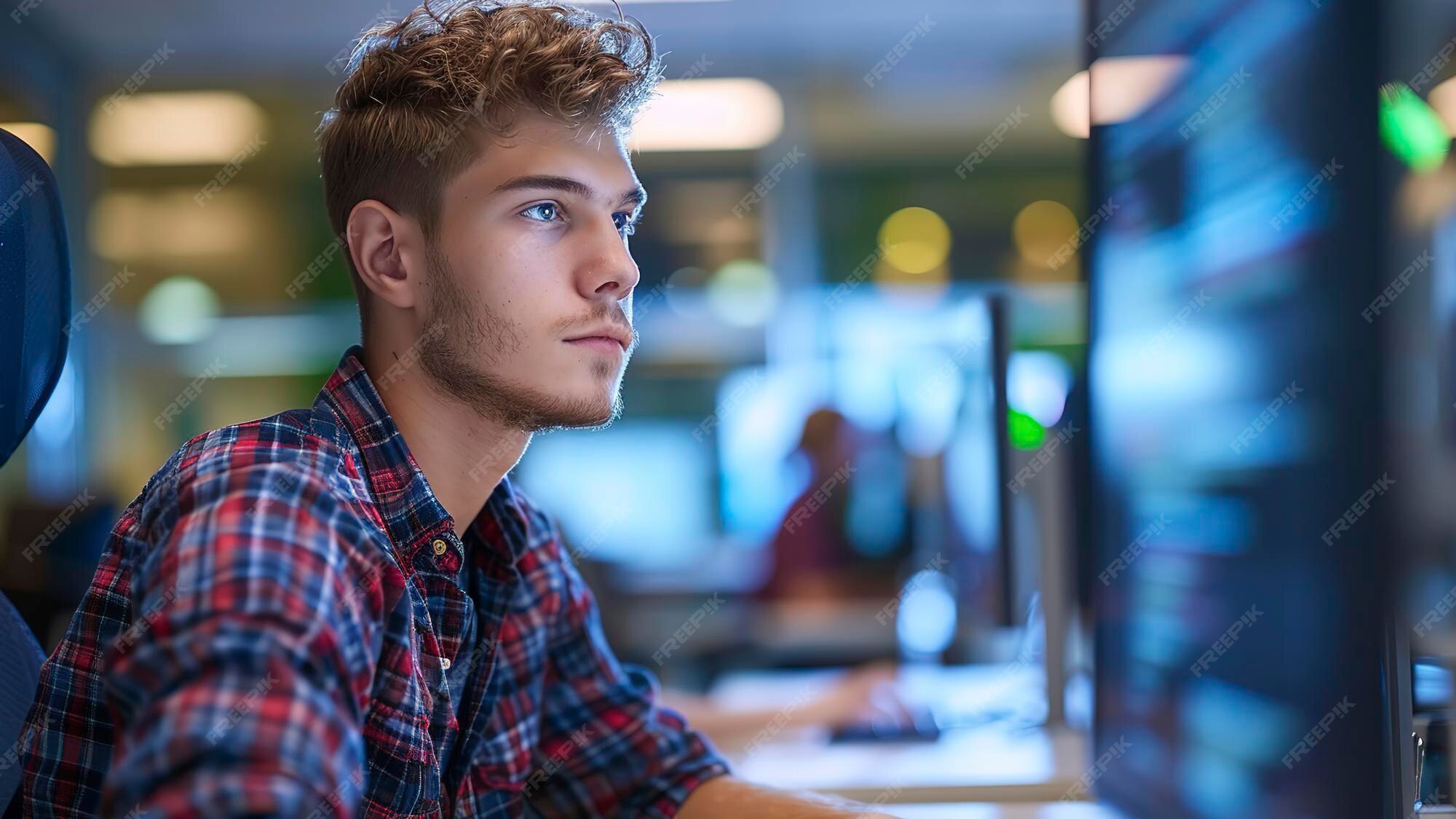 Young programmer is programming at the office programmer at the work programmer is coding ...