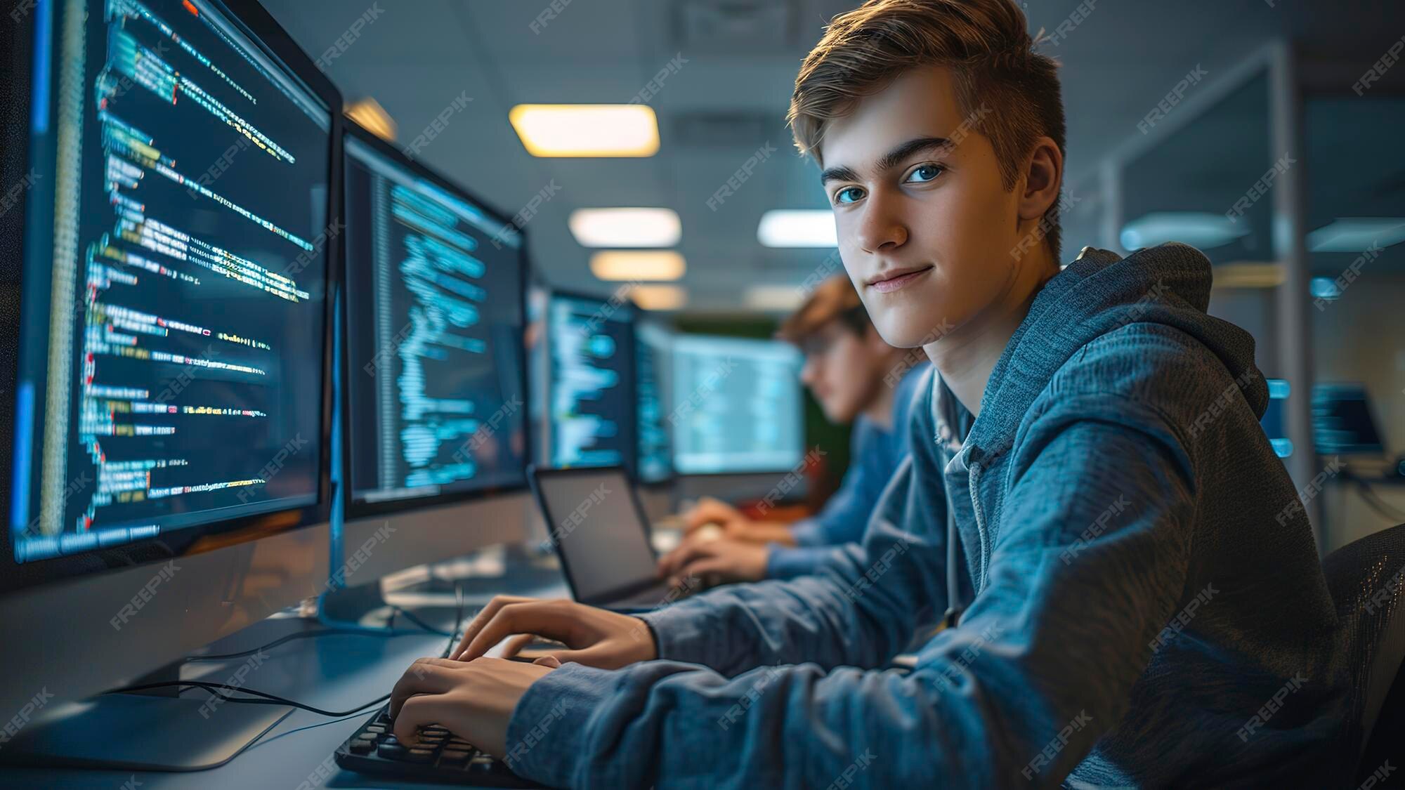 Young programmer is programming at the office programmer at the work programmer is coding ...